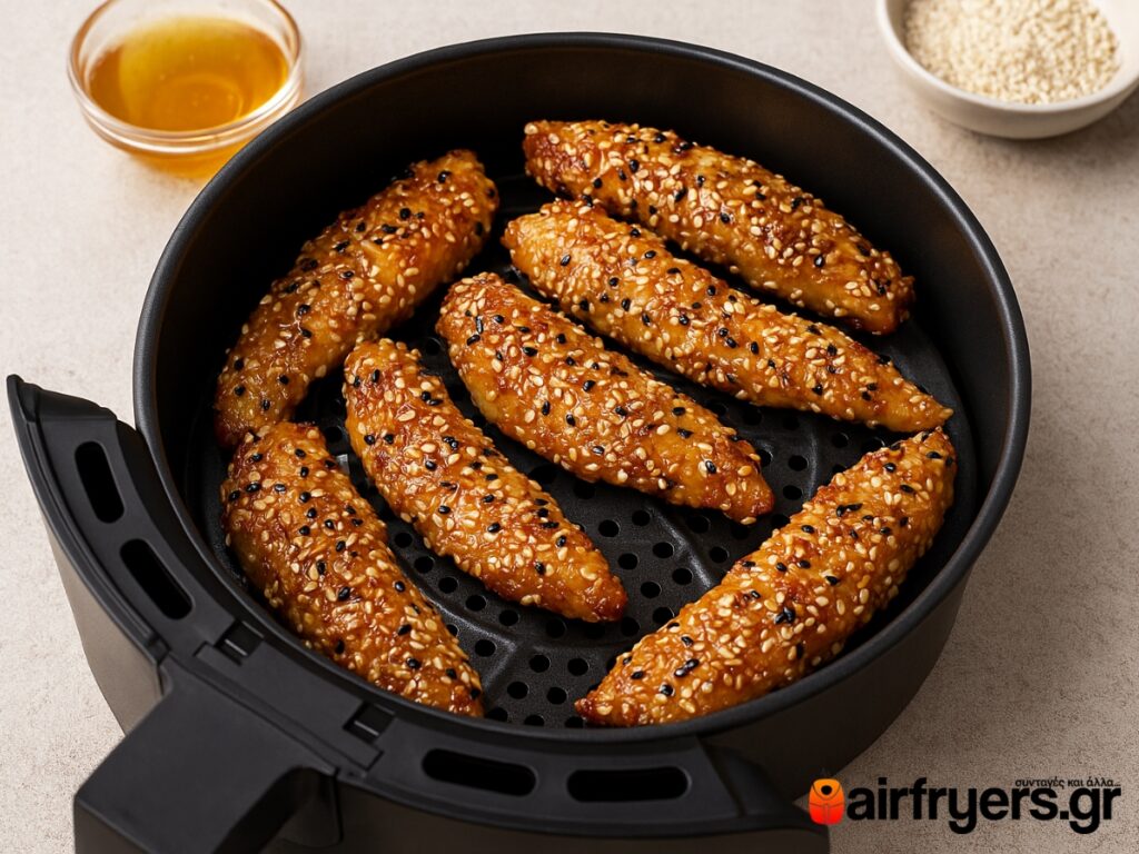 Στικς κοτόπουλου με σουσάμι και μέλι στο air fryer - Airfryers.gr